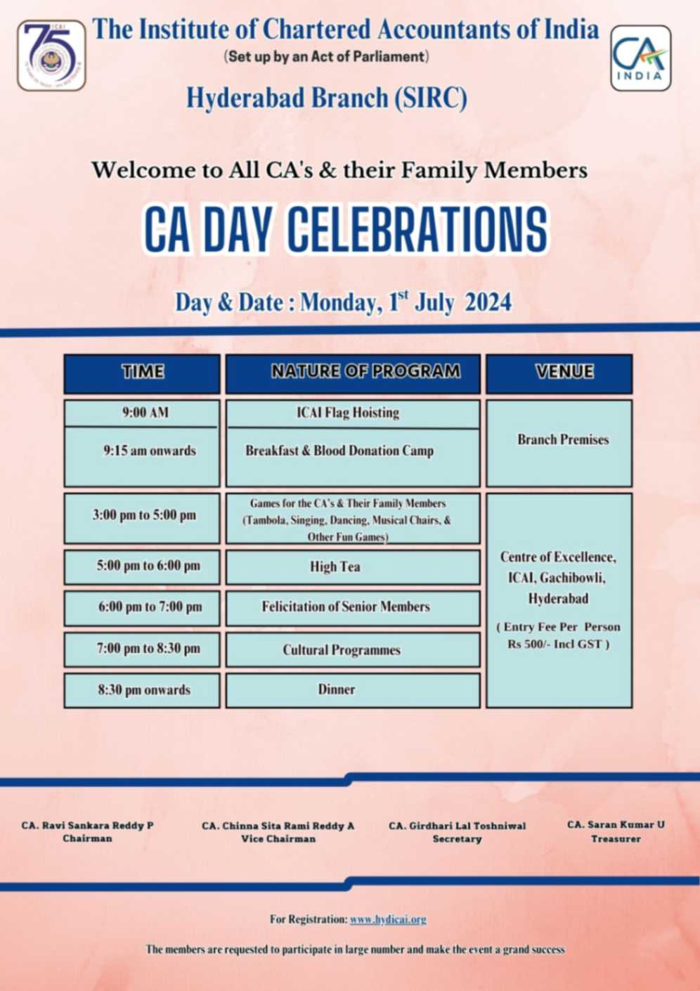 Event Details - CA Day Celebrations - Hyderabad Branch of SIRC of ICAI